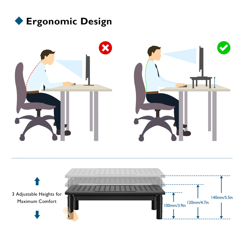BONTEC Monitor Stand with Drawer, 3 Height Adjustable PC Monitor Riser