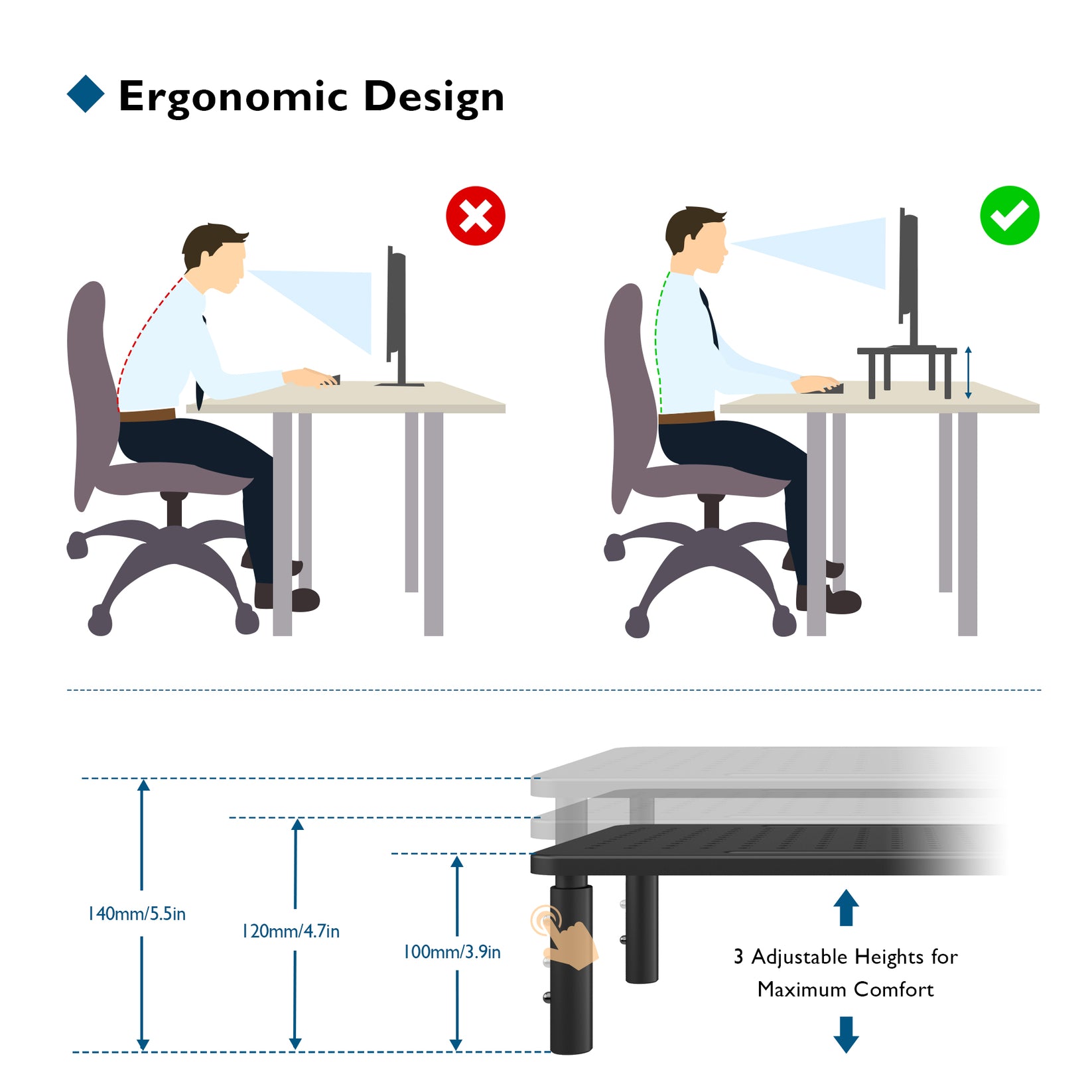 BONTEC Dual Monitor Stand Riser, 3 Height Adjustable Desktop Monitor S