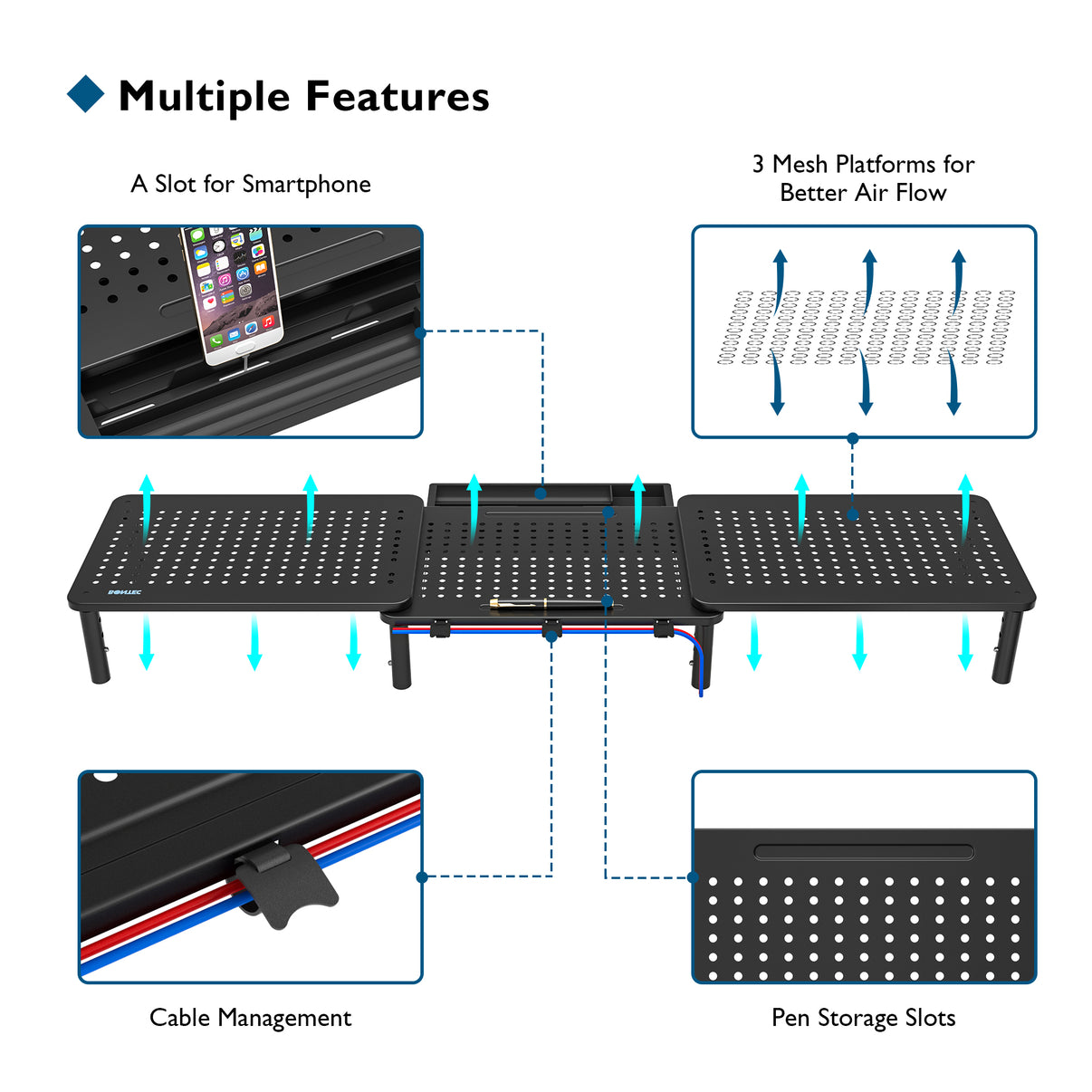BONTEC Dual Monitor Stand Riser, 3 Height Adjustable Desktop Monitor S