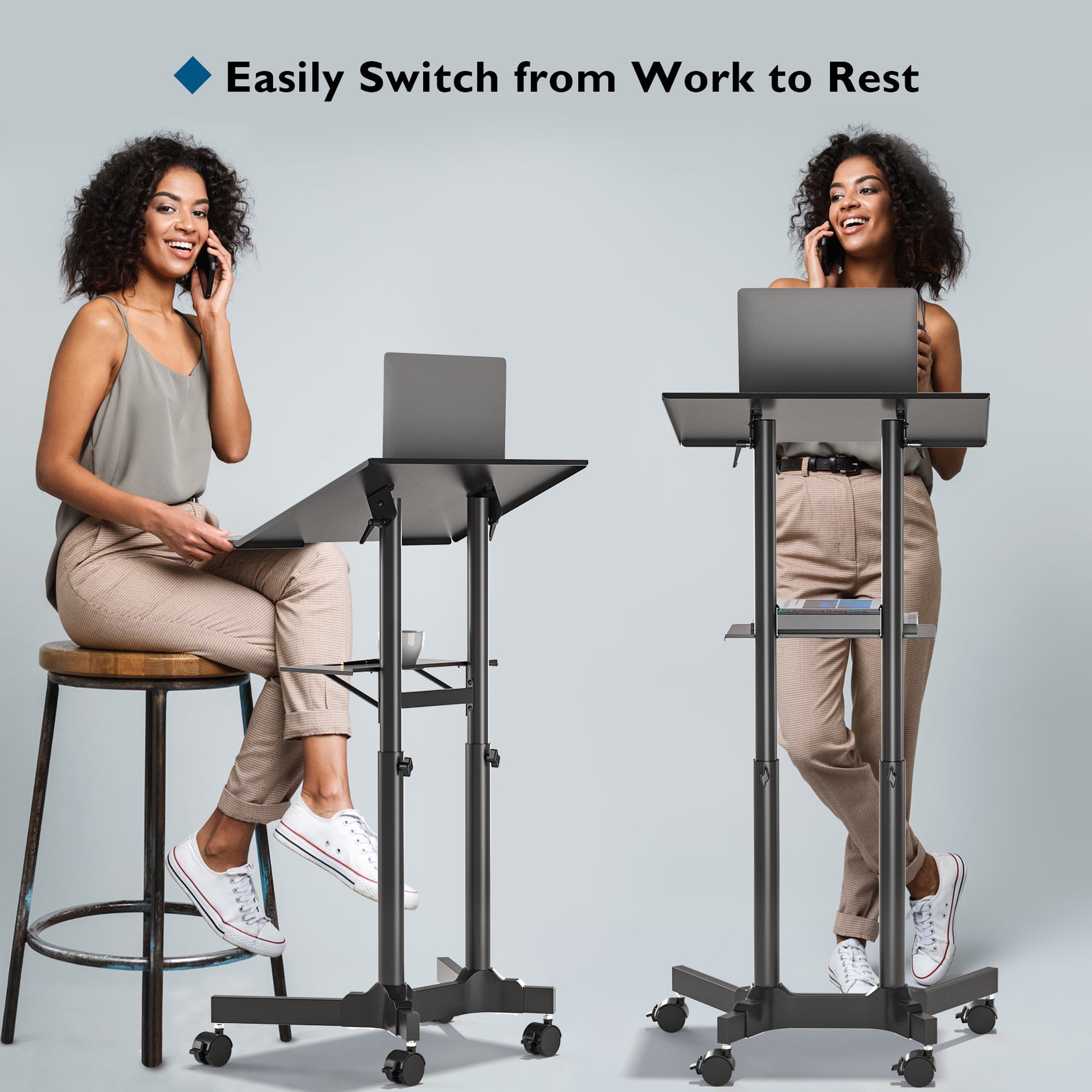 BONTEC Mobile Standing Laptop Desk Converter, Sit Stand Desk with Whee