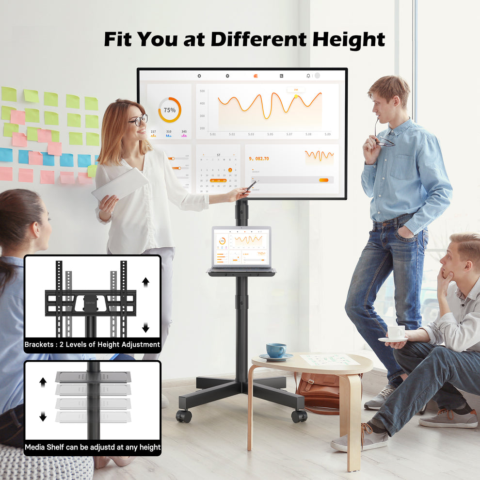 BONTEC Mobile TV Stand on Wheels, Height Adjustable Tilt Rolling TV St